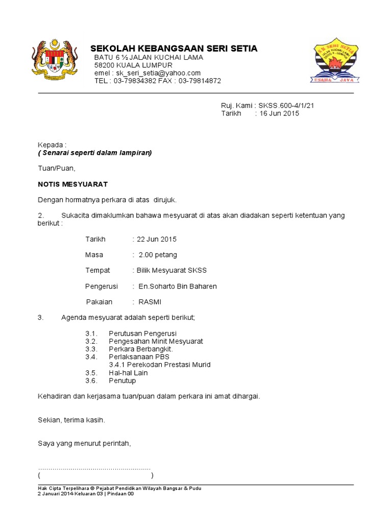 PK 07 - Lampiran 1 Contoh Notis Mesyuarat | PDF