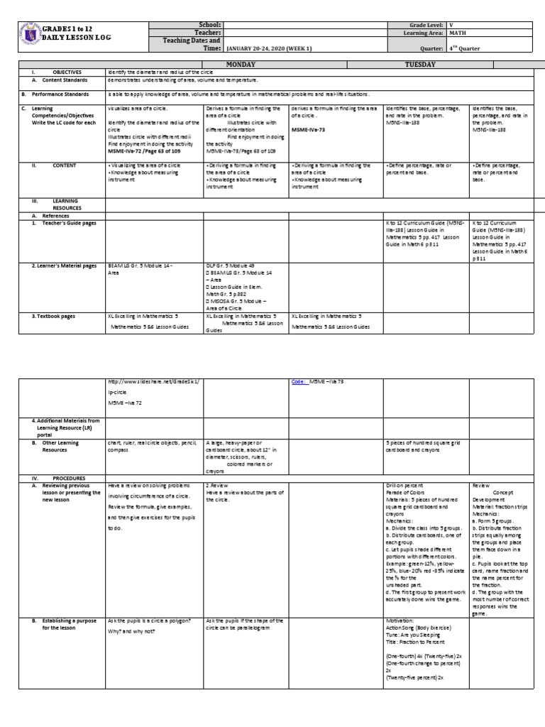 Grade 5 DLL MATH 5 Q4 Week 1 | PDF | Area | Percentage