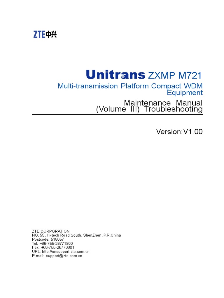 ZXMP M721: Maintenance Manual (Volume III) Troubleshooting | PDF | Troubleshooting | Optical Fiber