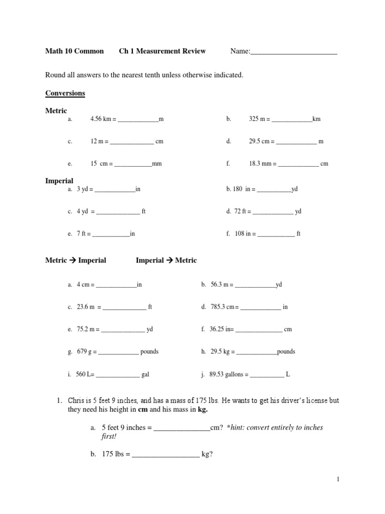Math 10C CH 1 Measurement Review Assignment With Answer Key 2012 | PDF ...