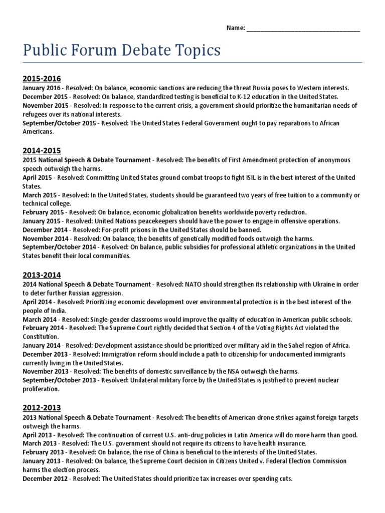 Public Forum Debate Topics 2015-2016 | PDF | The United States ...