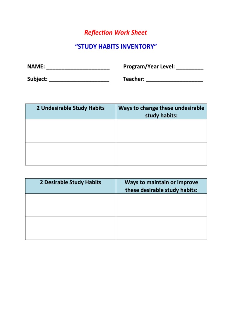 "Study Habits Inventory": Reflection Work Sheet | PDF