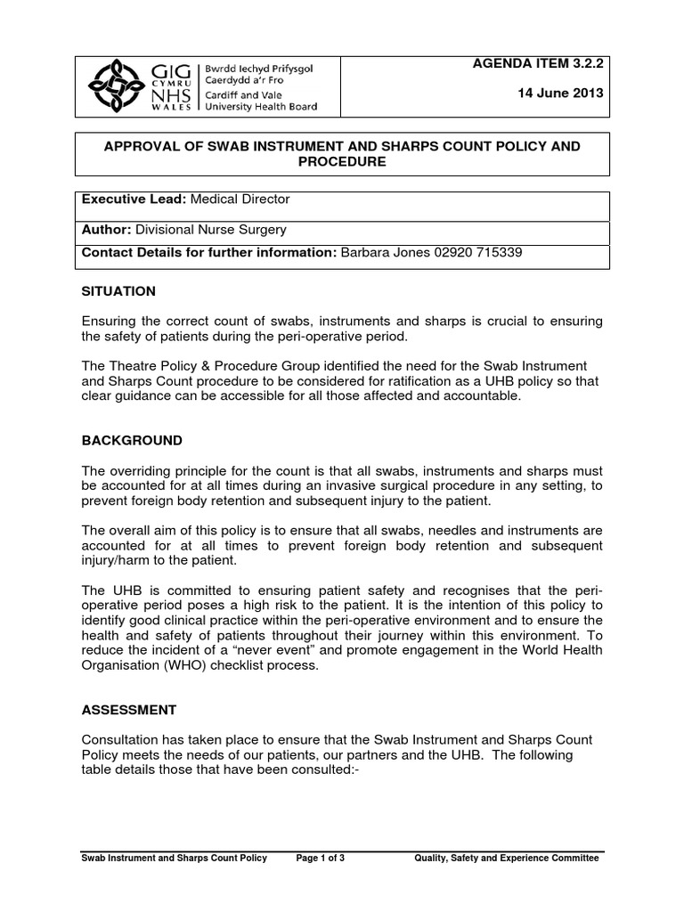 Swab Instrument and Sharps Count Policy Page 1 of 3 Quality, Safety and ...