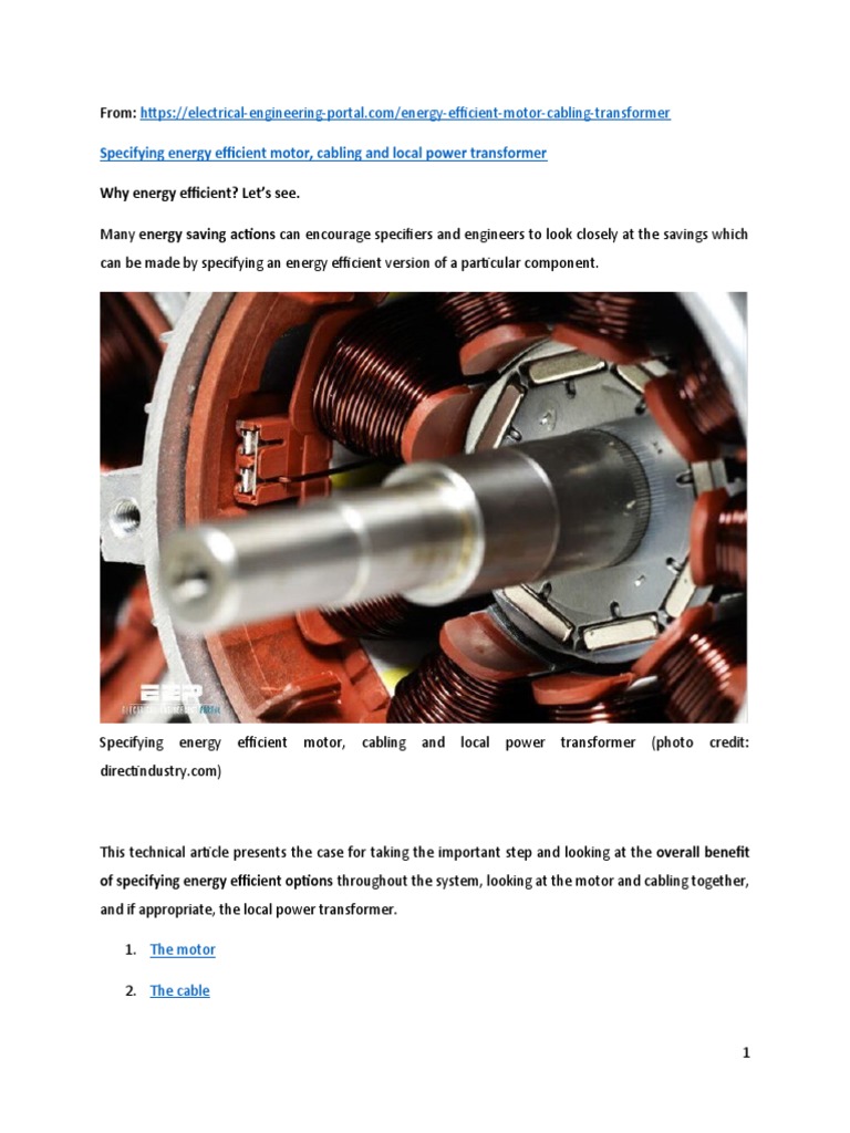 Specifying Energy Efficient Motor, Cabling and Local Power Transformer ...