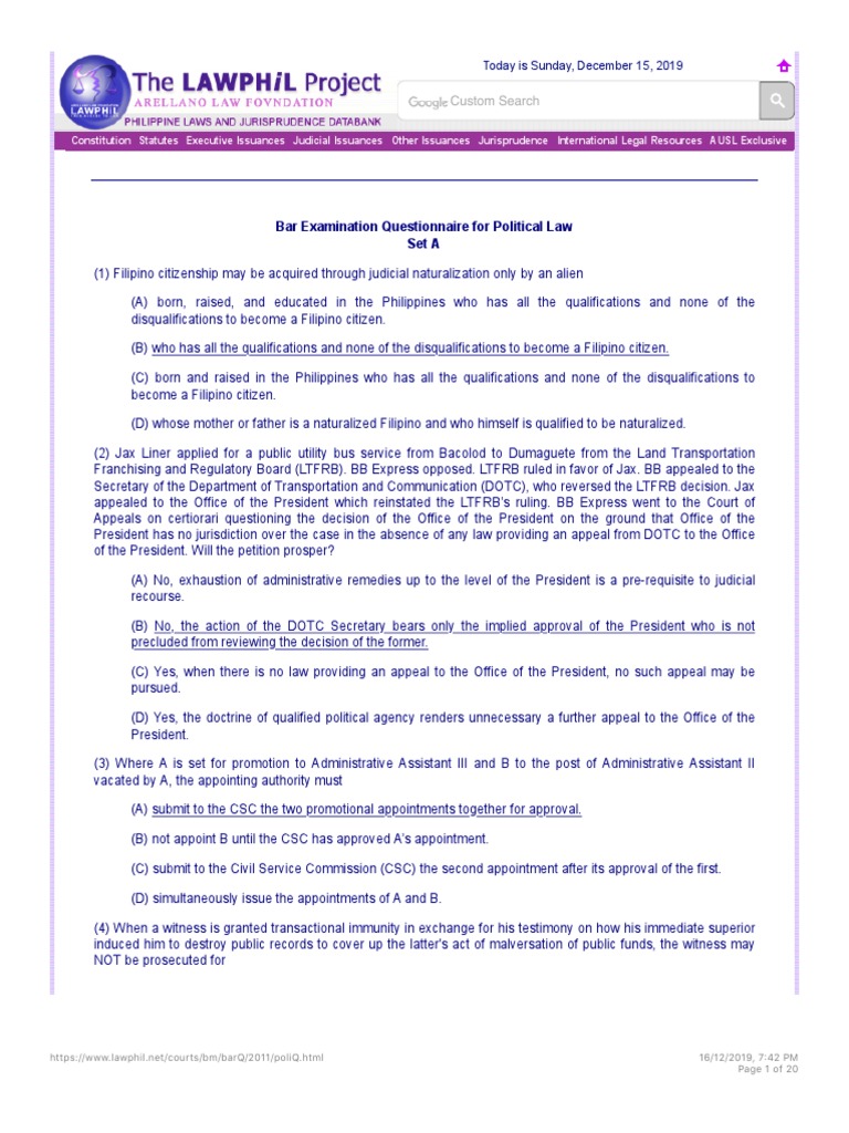 Bar Examination Questionnaire For Political Law PDF | PDF | Presidents ...
