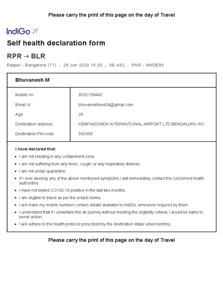 Self Health Declaration Form: RPR BLR | PDF
