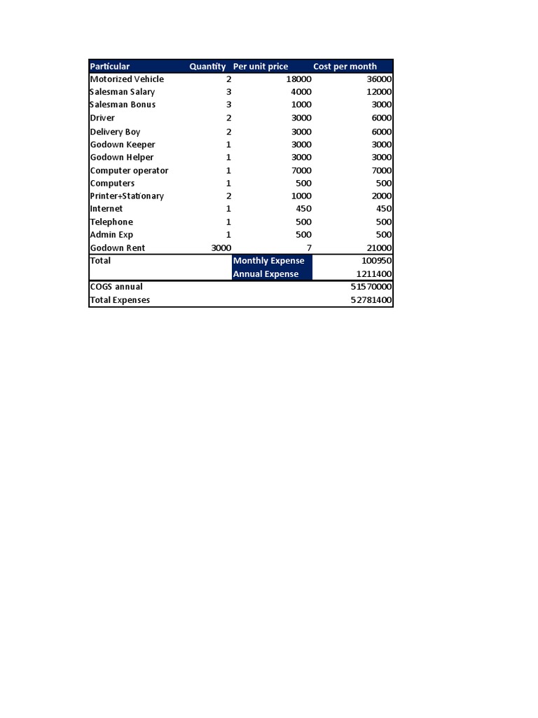 Particular Quantity Per Unit Price Cost Per Month | PDF