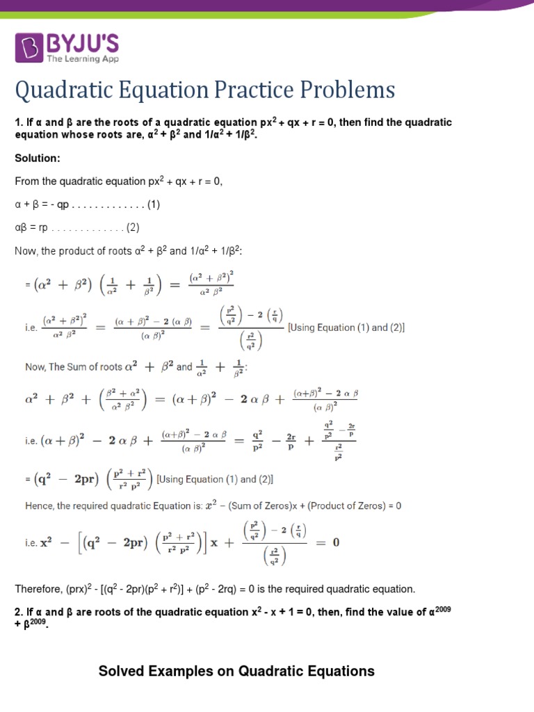 Quadratic Equation Solved Problems PDF | PDF | Quadratic Equation ...