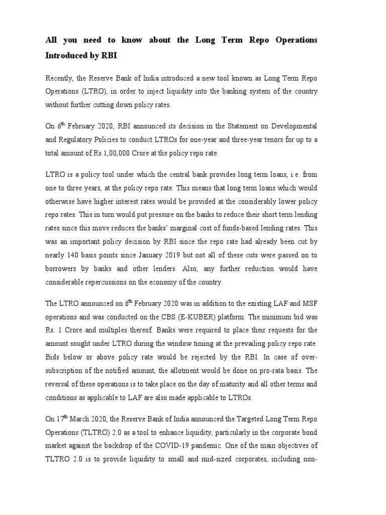 An Overview of the Reserve Bank of India's Long Term Repo Operations ...