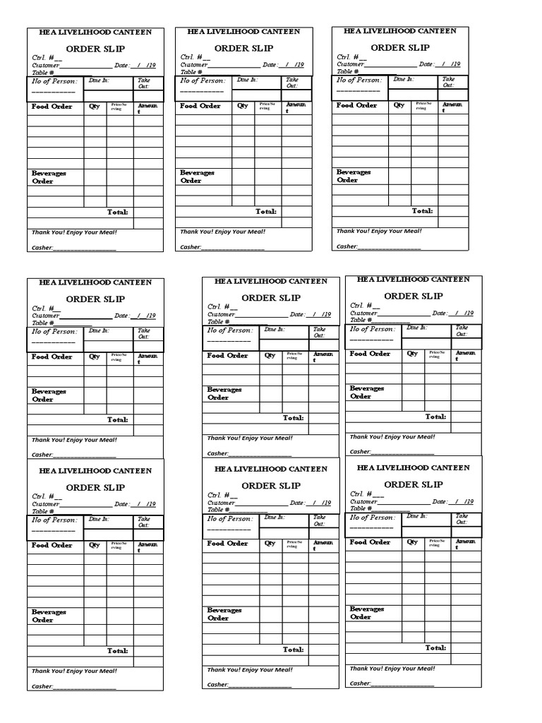 HEA LIVELIHOOD CANTEEN Order Slip | PDF | Cafeteria | Room