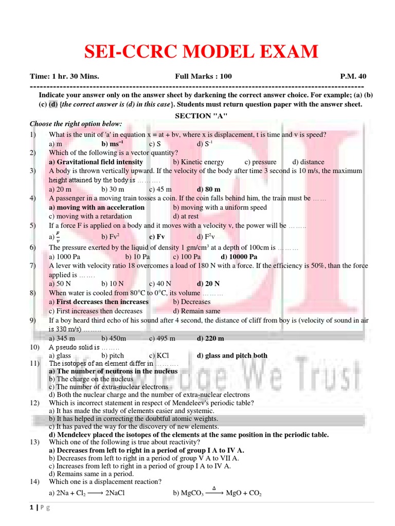 Sei-Ccrc Model Exam: Time: 1 Hr. 30 Mins. Full Marks: 100 P.M. 40 | PDF | Chemical Elements ...
