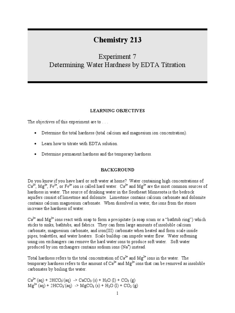 Chemistry 213: Experiment 7 Determining Water Hardness by EDTA ...