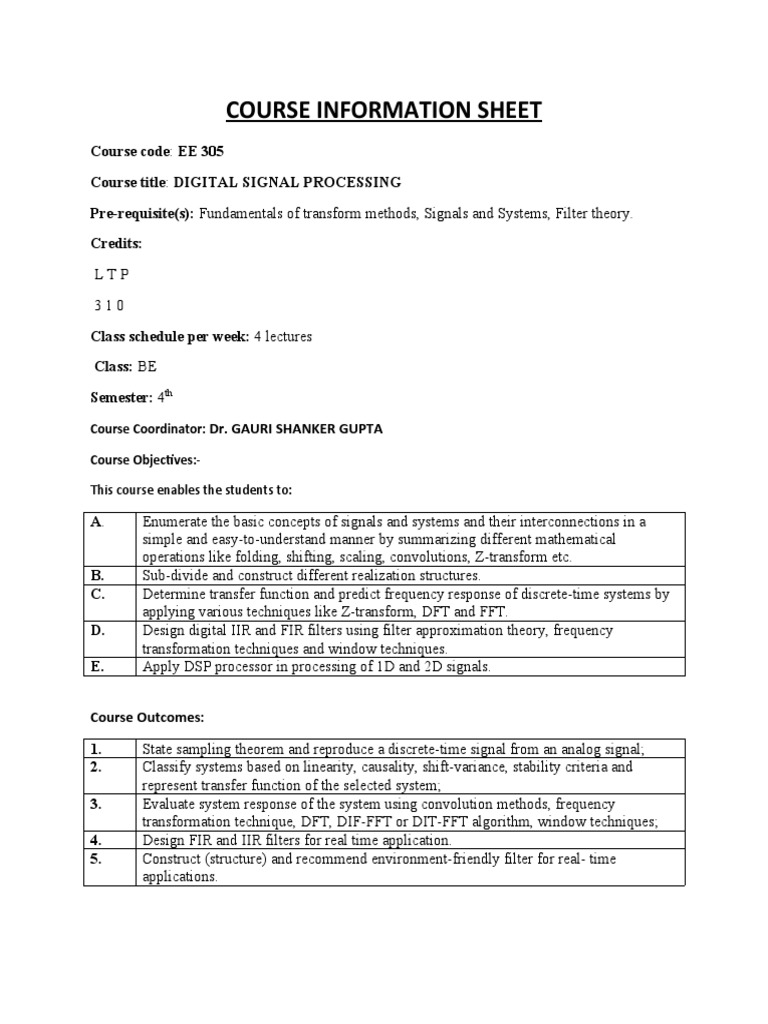 Course Information Sheet: Course Coordinator: Course Objectives | PDF ...
