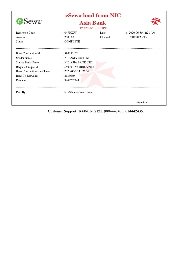 Esewa Load From Nic Asia Bank: Payment Receipt | PDF