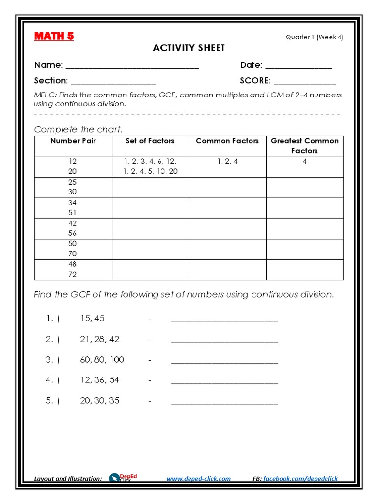 Grade 5 Math Activity Sheets Q1 Week 4 PDF | PDF