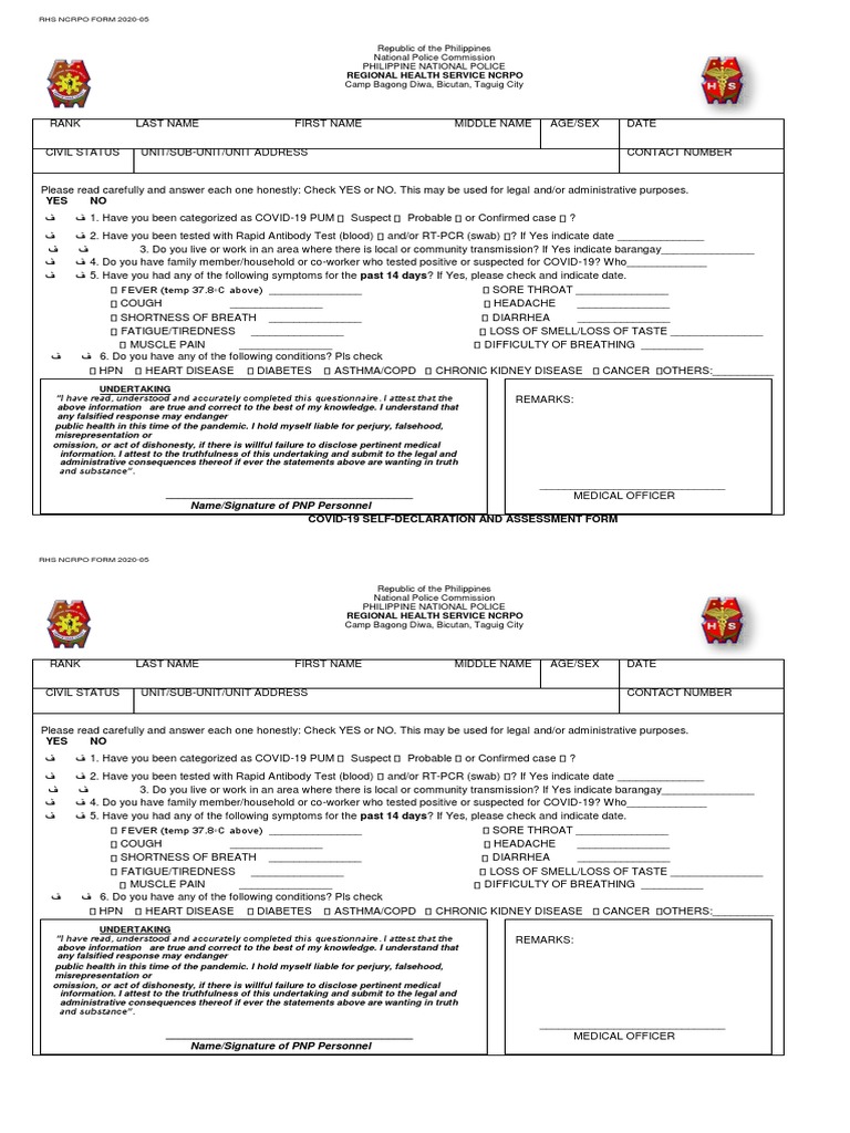 COVID-19 Self-Declaration and Assessment Form for Philippine National ...
