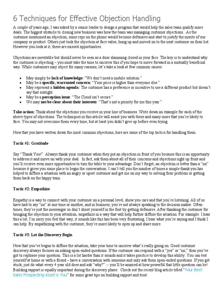 6 Techniques For Effective Objection Handling | PDF | Empathy | Customer