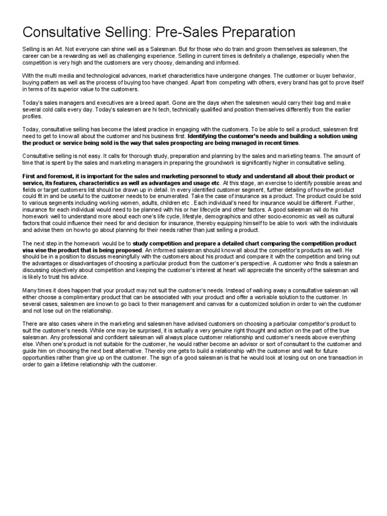 Consultative Selling: Pre-Sales Preparation | PDF | Sales | Direct ...