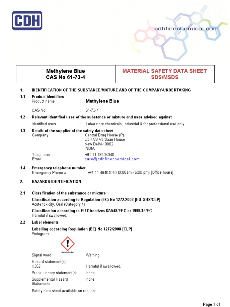 MethyleneBlue MSDS | PDF | Personal Protective Equipment | Safety