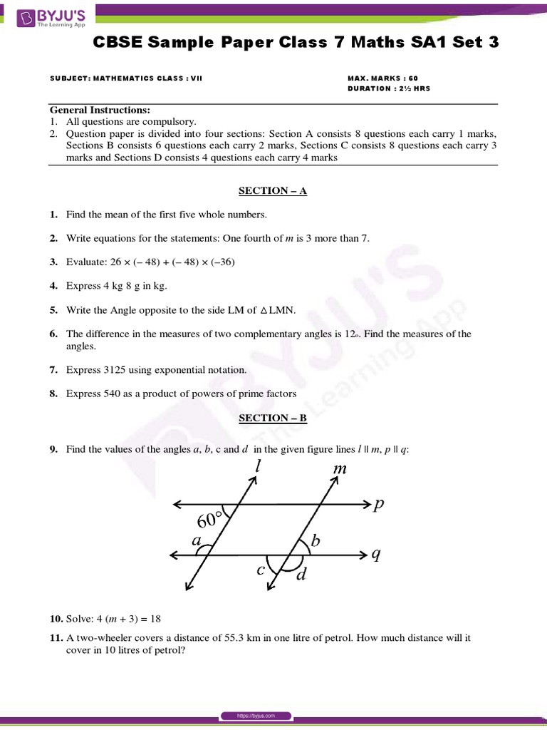 CBSE Sample Paper Class 7 Maths SA1 Set 3: Subject: Mathematics Class ...