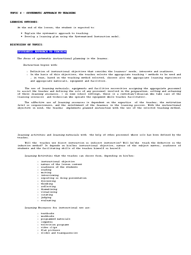 TOPIC 4 - Systematic - Approach - To - Teaching PDF | PDF | Teaching ...