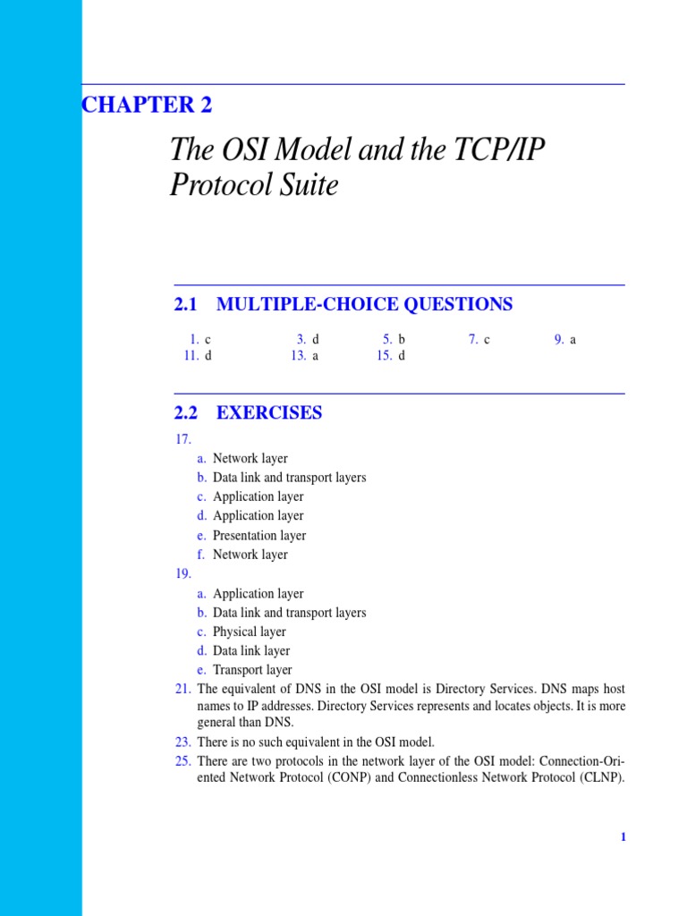 The OSI Model and The TCP/IP Protocol Suite: 2.1 Multiple-Choice Questions | PDF