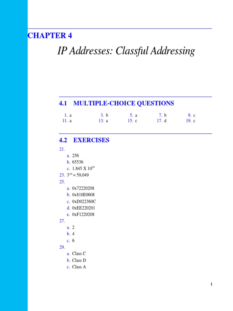 IP Addresses: Classful Addressing: 4.1 Multiple-Choice Questions | PDF | Router (Computing ...
