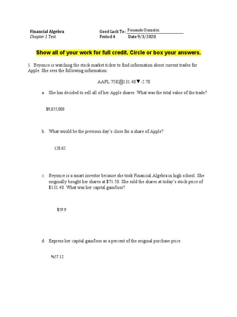 Chapter 1 Test - Financial Algebra | PDF | Business | Finance & Money ...