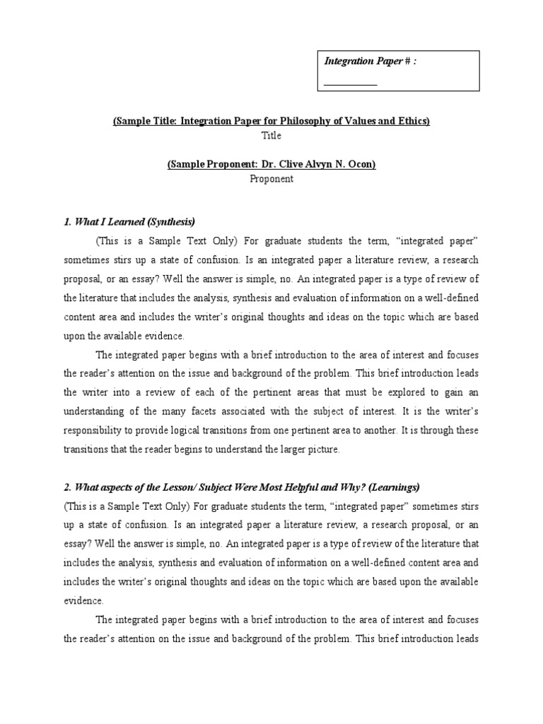 Sample Title: Integration Paper For Philosophy of Values and Ethics ...