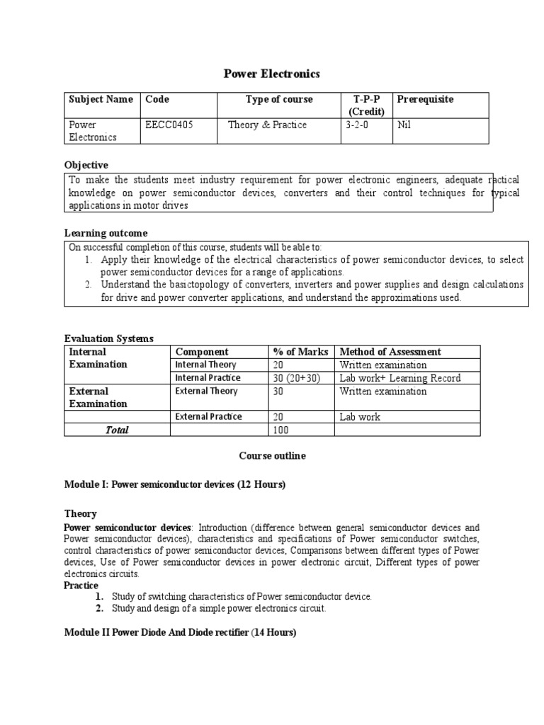 Power Electronics: Subject Name Code Type of Course T-P-P (Credit ...