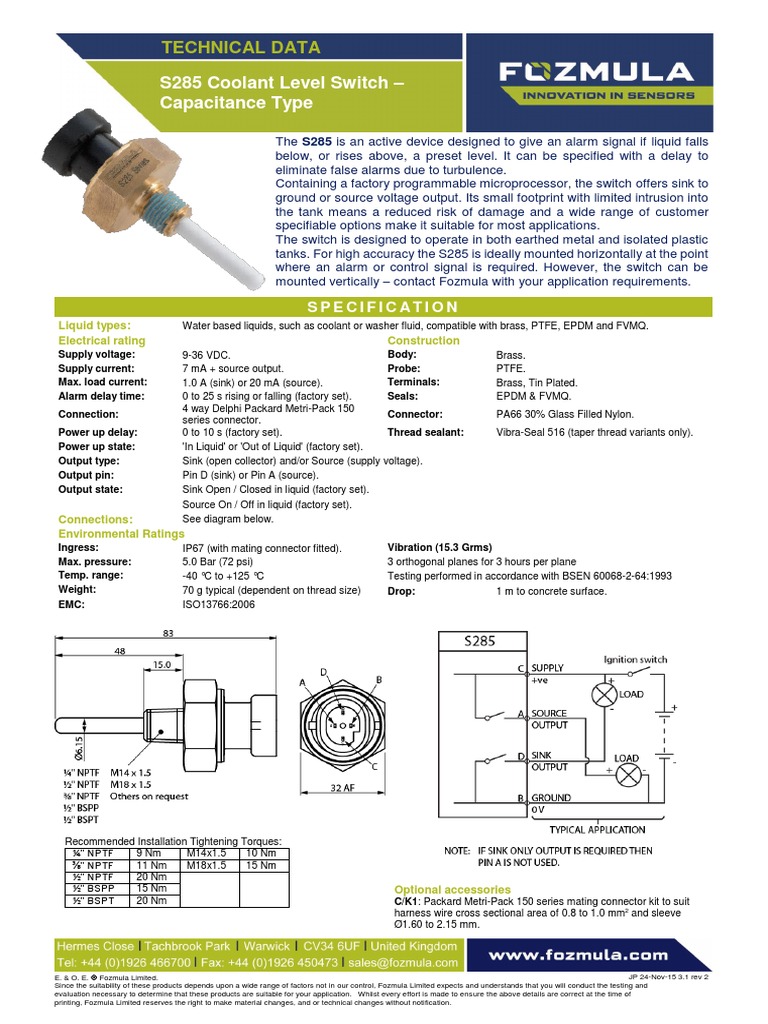 S285 Fozmula Capacitance Coolant Level Switch Data JP 24 Nov 15 3.1 Rev ...