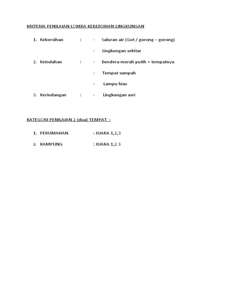 Kriteria Penilaian Lomba Kebersihan Lingkungan | PDF