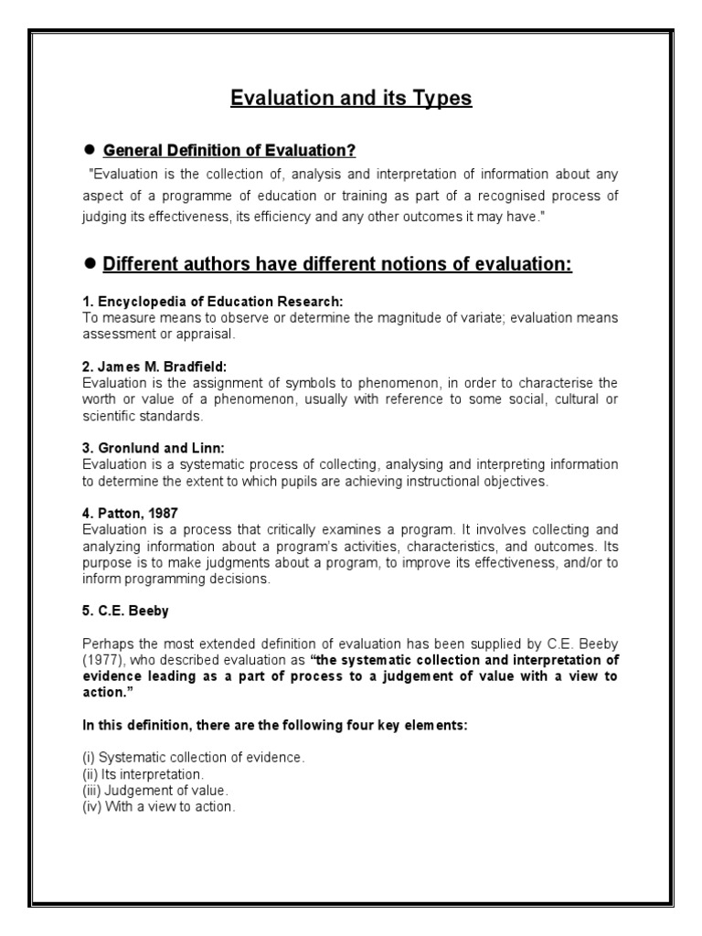 Evaluation and Its Types: Different Authors Have Different Notions of ...