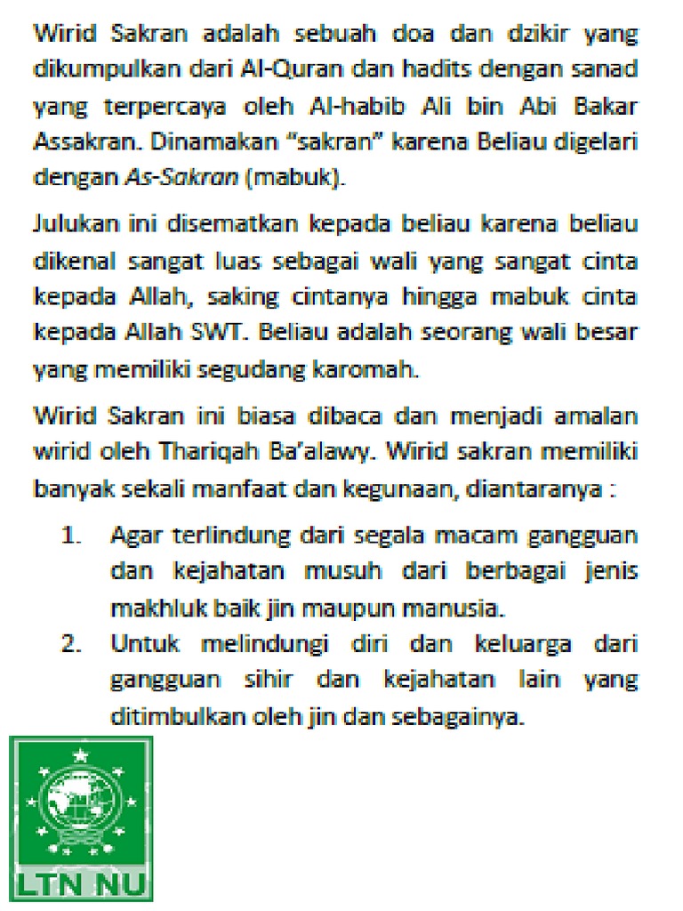 Kitab Wirid Sakran - Karangan Habib Ali bin Abi Bakar As-Sakran