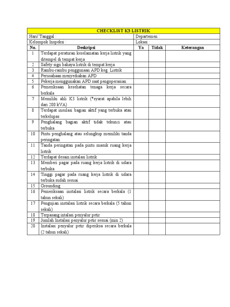 Checklist K3 Listrik | PDF