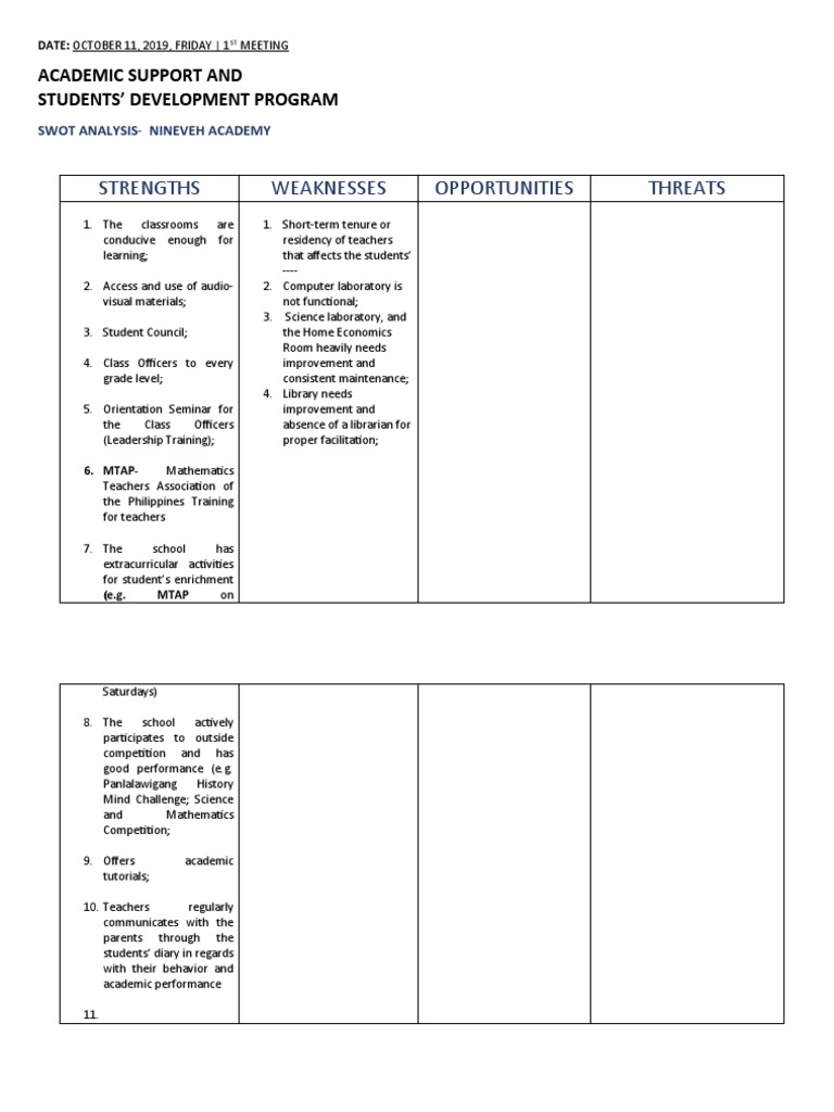 Strengths Weaknesses Opportunities Threats: Academic Support and Students' Development Program | PDF