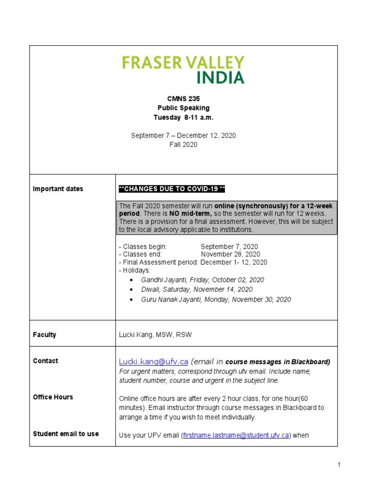 CMNS 235 FVI Public Speaking Course Outline - Final | PDF | Turnitin ...