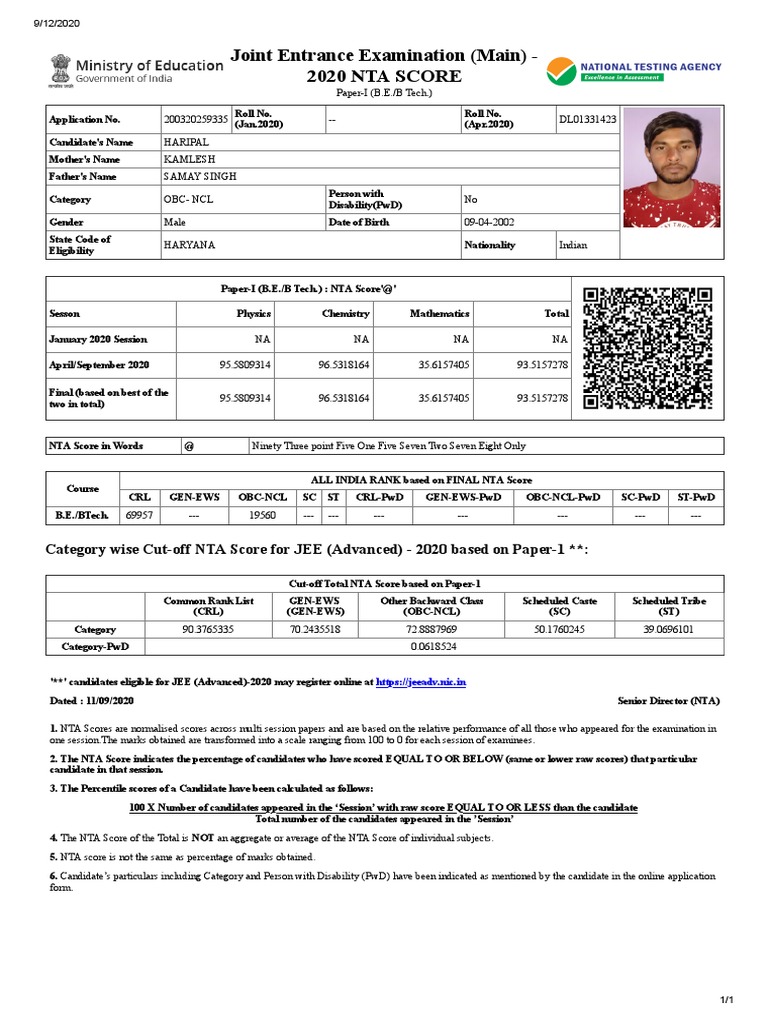 Joint Entrance Examination (Main) - 2020 Nta Score | PDF | Educational ...