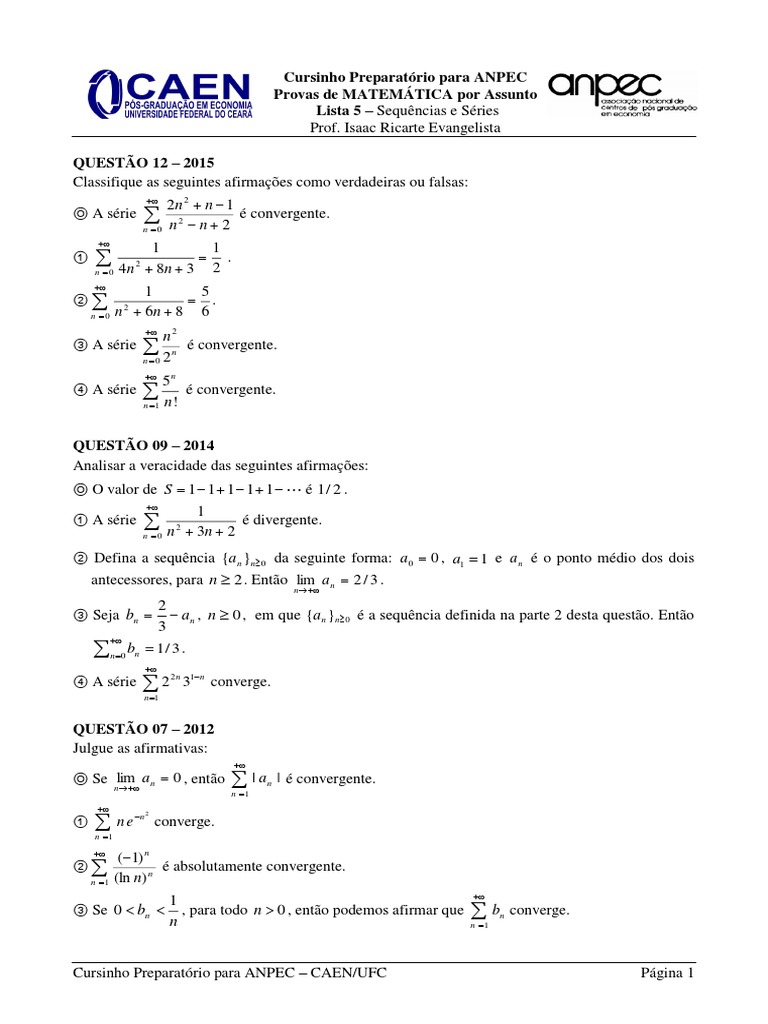 Lista 5 Matematica Anpec | Download grátis PDF | Ensino de Matemática ...