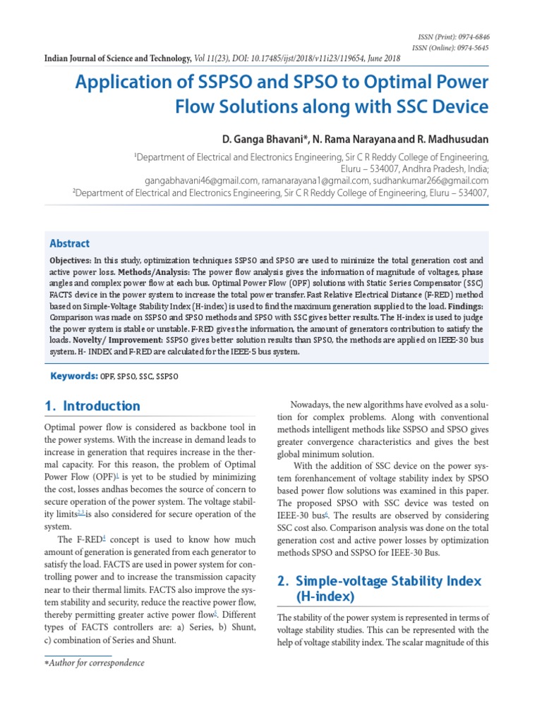 Application of SSPSO and SPSO To Optimal Power Flow Solutions Along With SSC Device | PDF ...