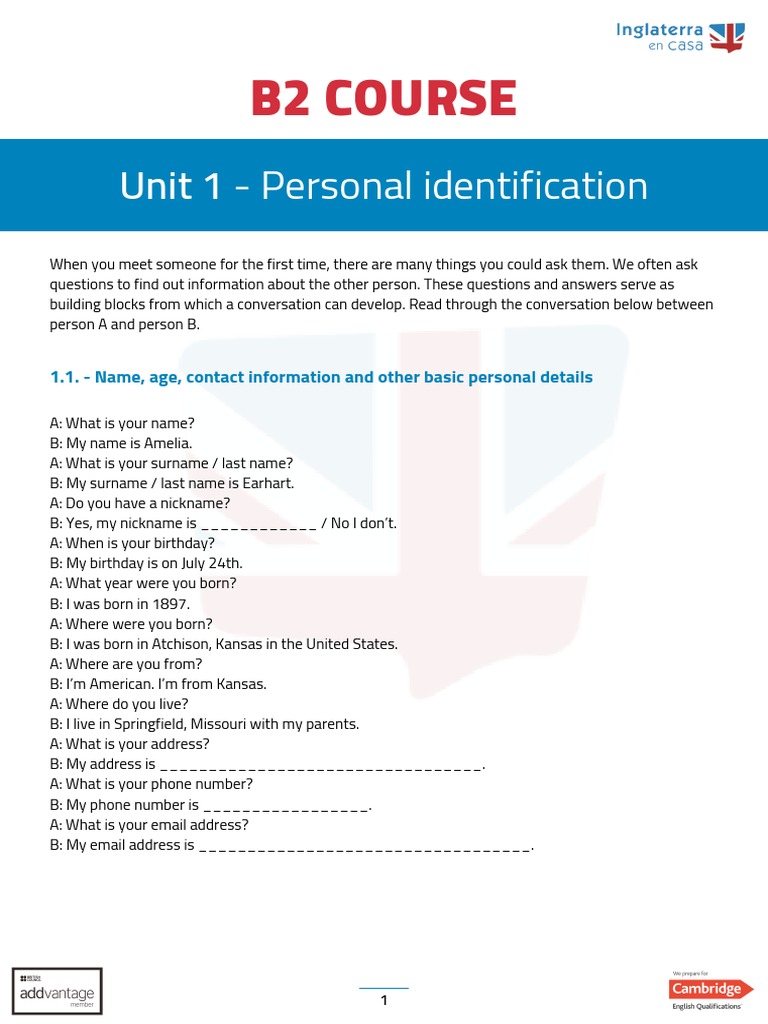 B2 Course: Unit 1 - Personal Identification | PDF