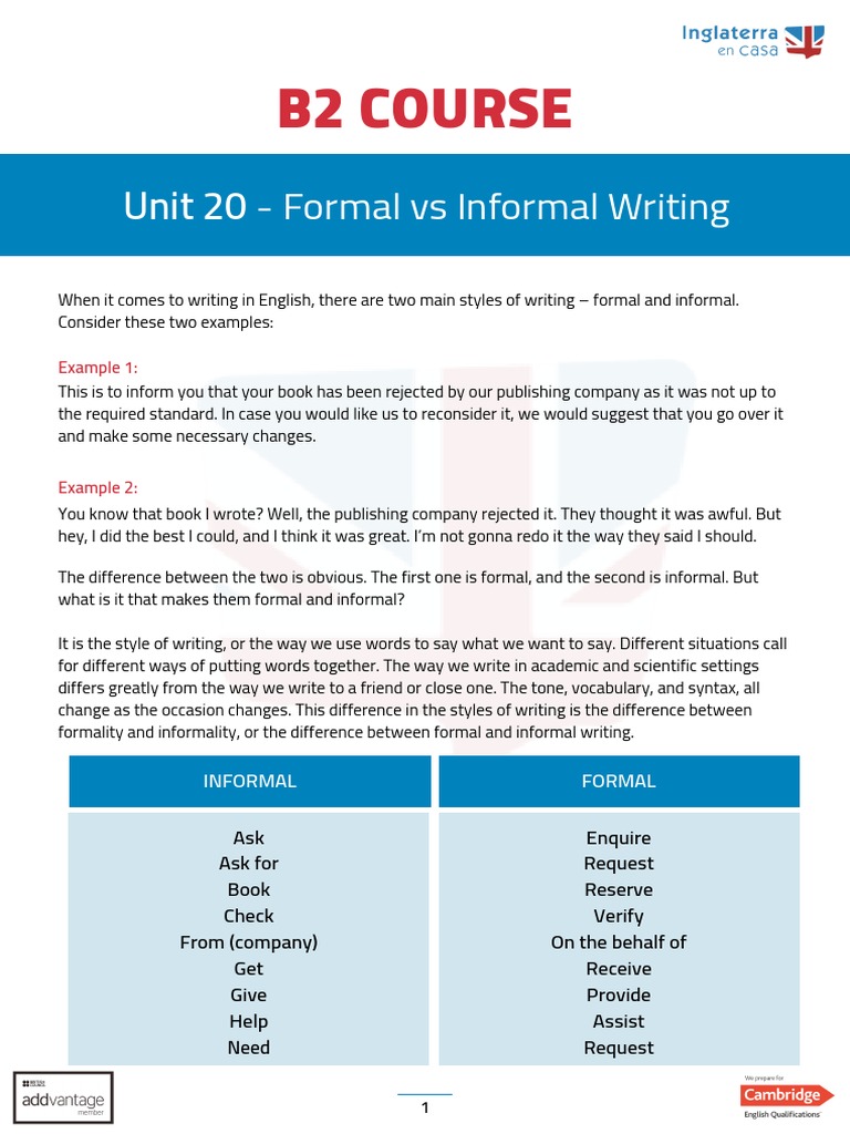 B2 Course: Unit 20 - Formal Vs Informal Writing | PDF | Ellipsis ...