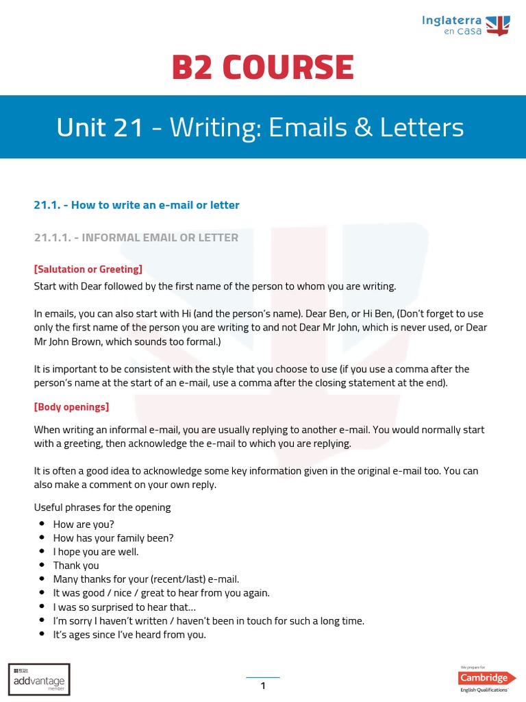 B2 Course: Unit 21 - Writing: Emails & Letters | PDF