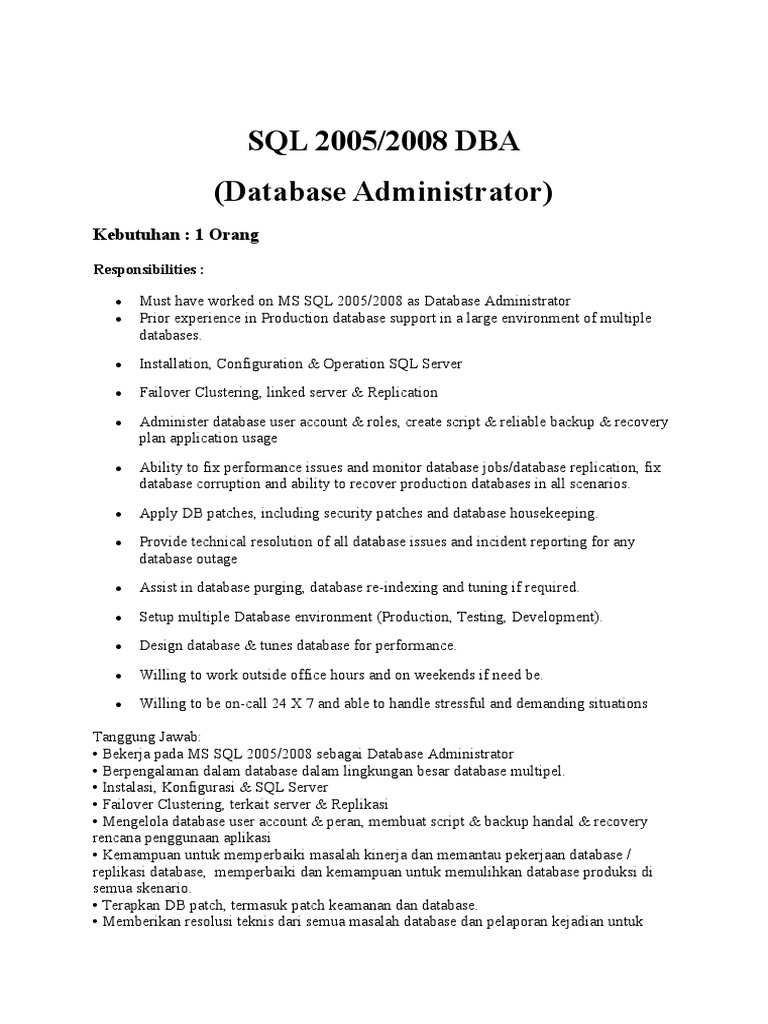 SQL 2005/2008 DBA (Database Administrator) : Kebutuhan: 1 Orang | PDF | Databases | Microsoft ...