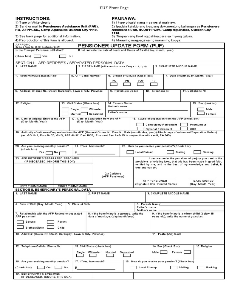 AFP Pensioner Update Form Guide | PDF | Marriage | Retirement