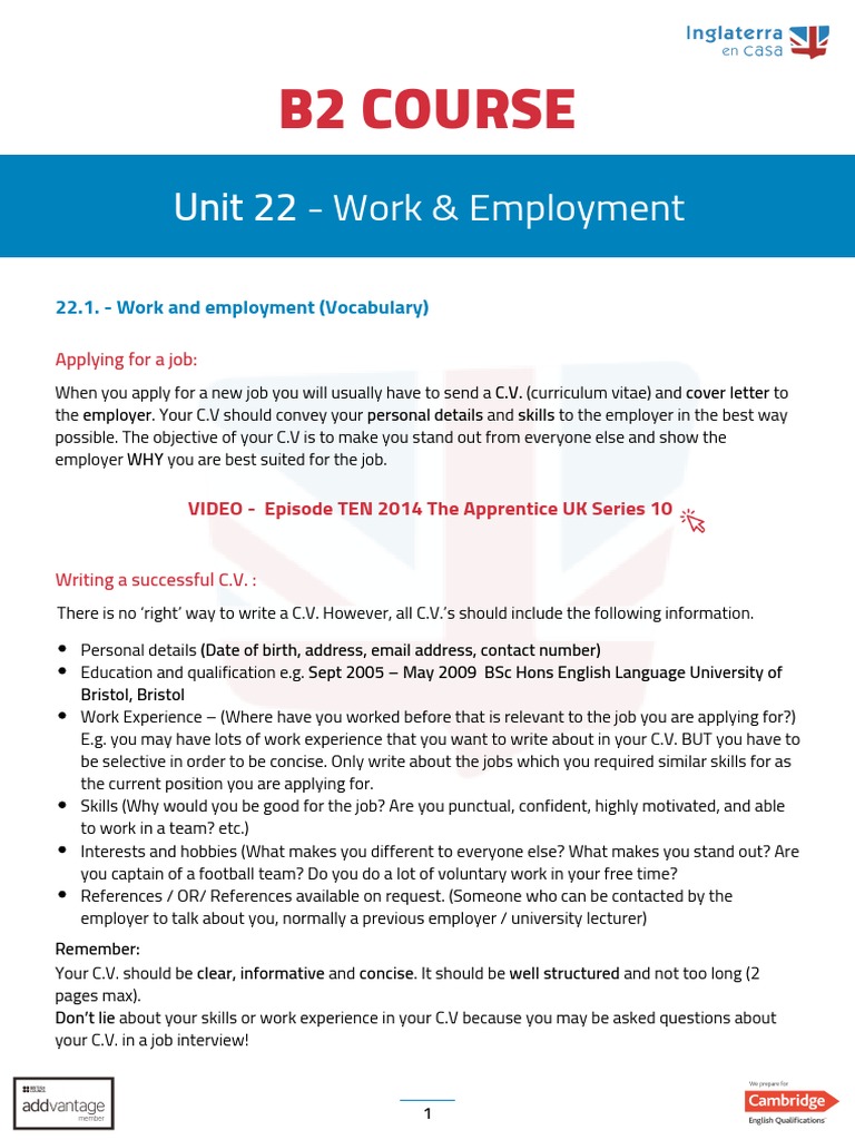 B2 Course: Unit 22 - Work & Employment | PDF | Overtime | Adulthood
