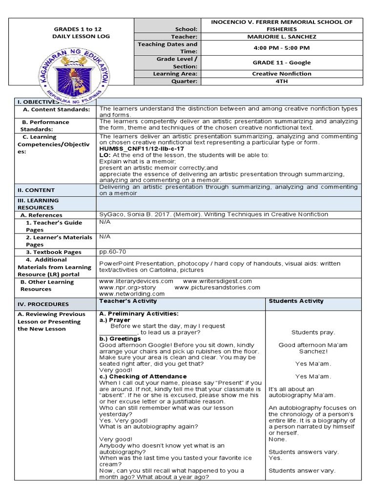 Humss - Cnf11/12-Iib-C-17 Lo: at The End of The Lesson, The Students ...