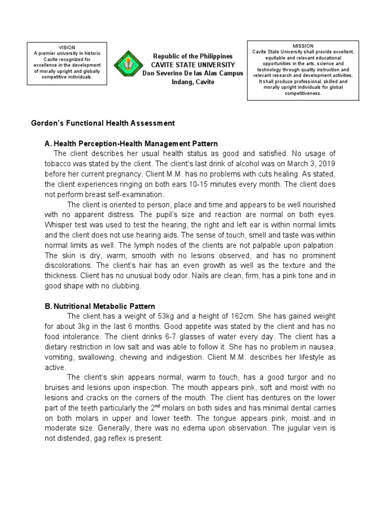 Gordon's Functional Health Assessment A. Health Perception-Health ...