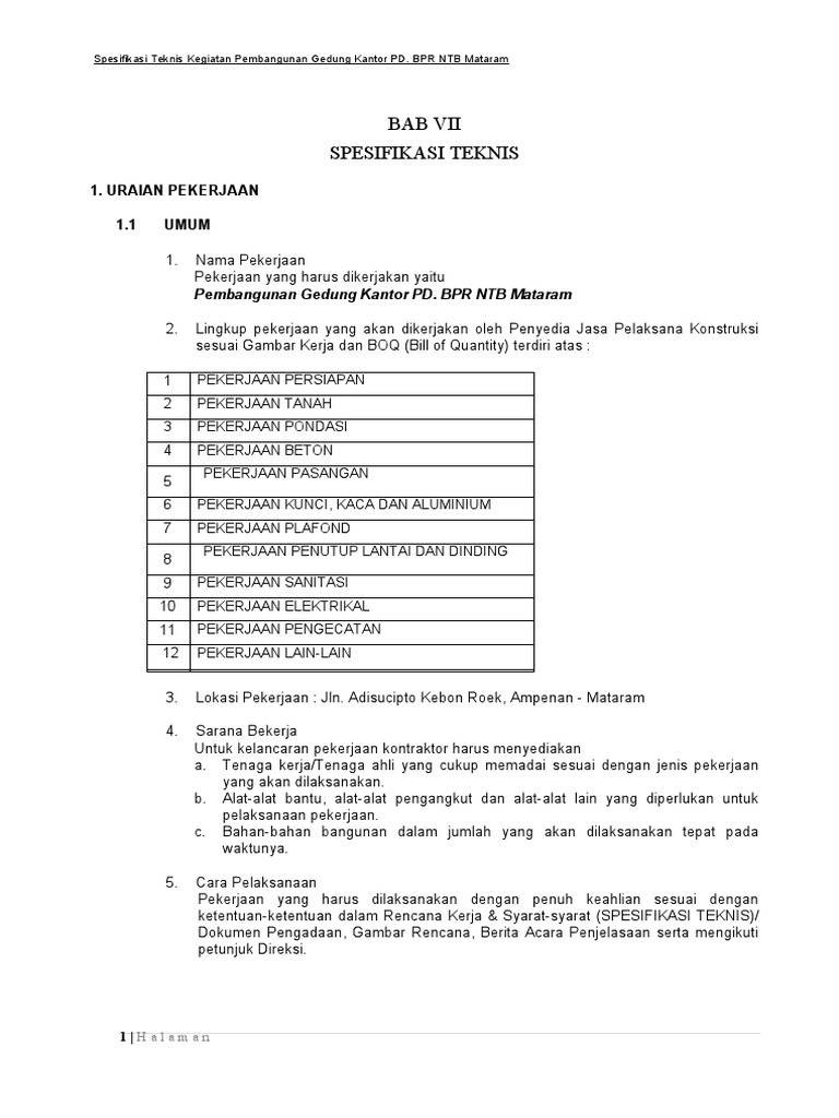 Spesifikasi Teknis Pembangunan Gedung PD. Bank BPR NTB Mataram | PDF