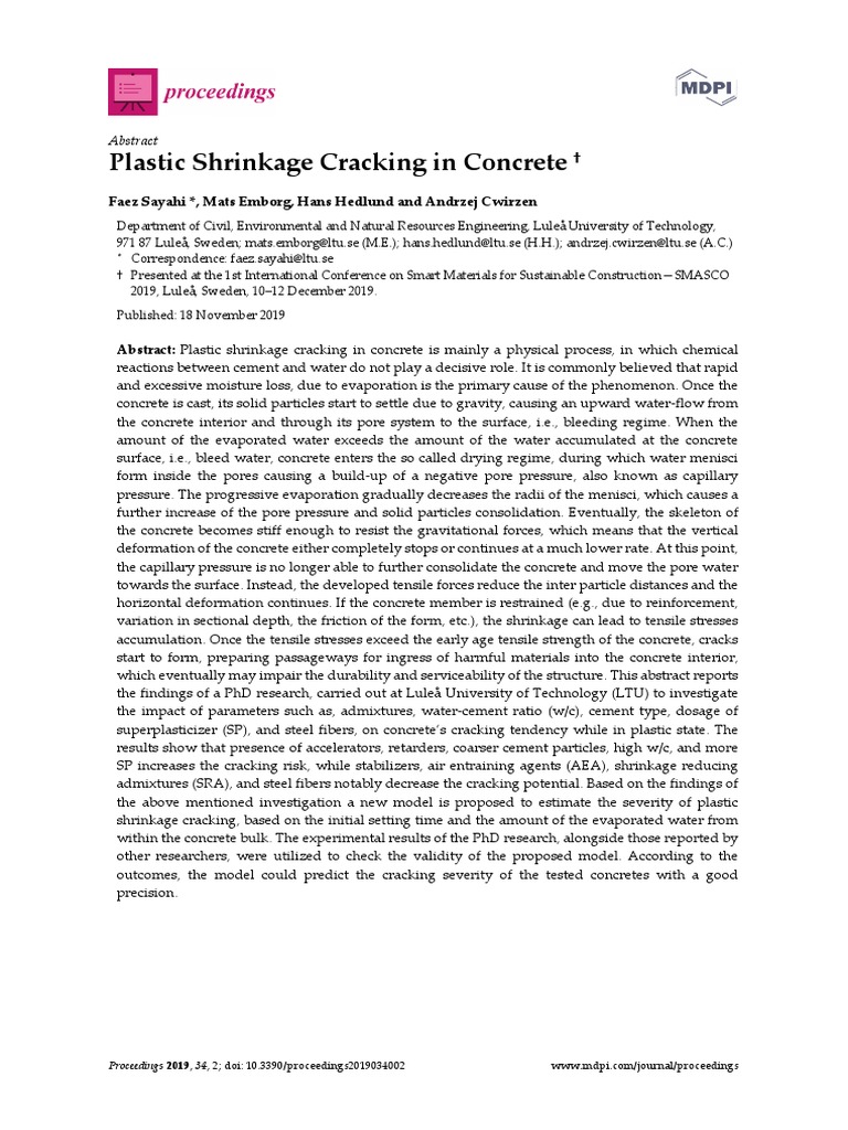 Plastic Shrinkage Cracking in Concrete: Faez Sayahi, Mats Emborg, Hans ...